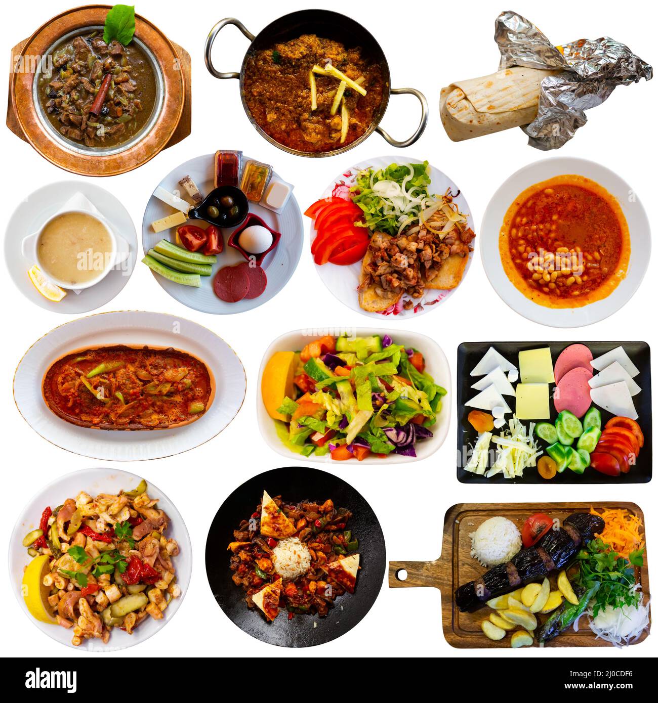 Set of various plates of Turkish cuisine isolated on white Stock Photo ...