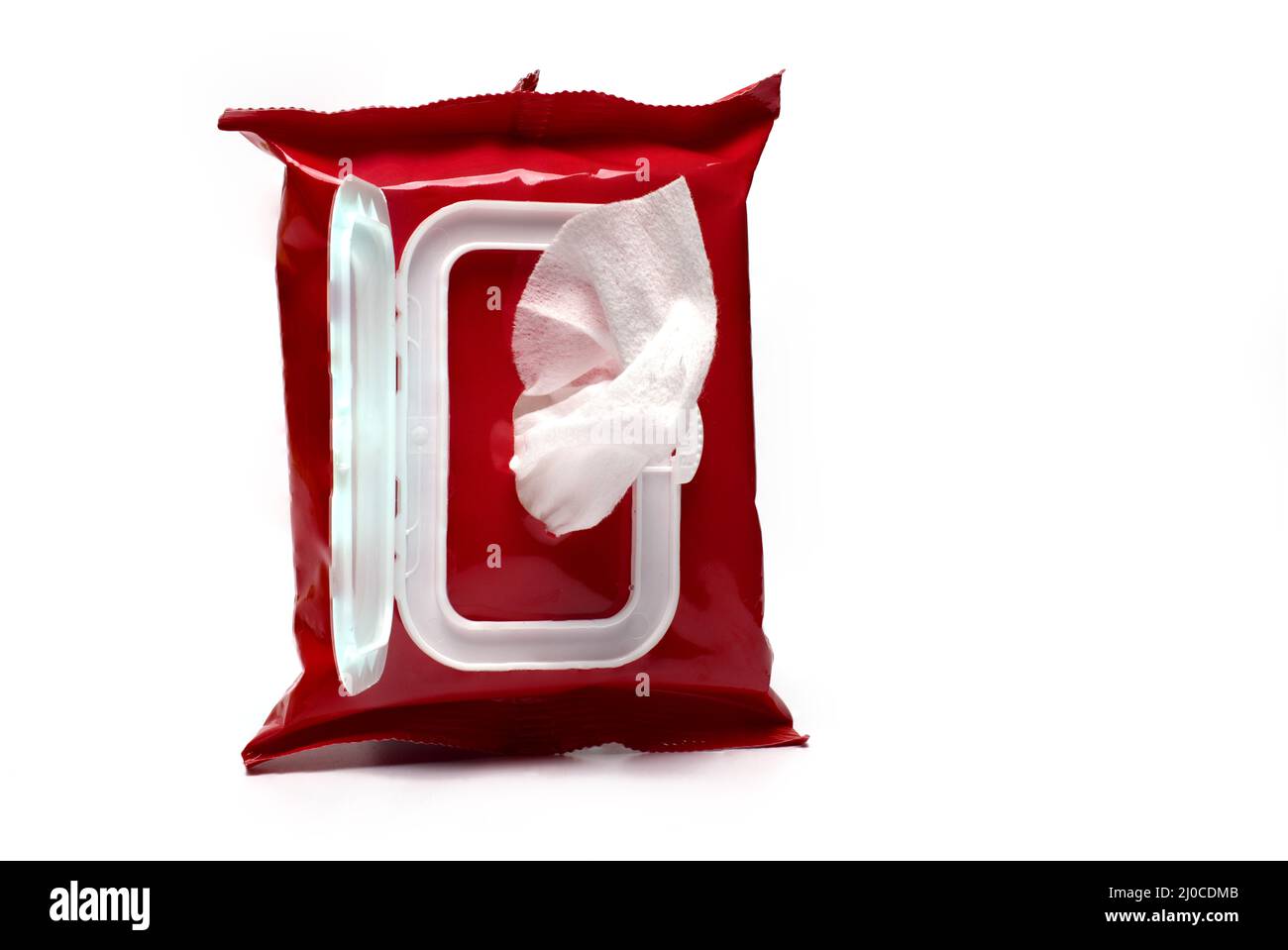 Close up of red plastic package for cosmetics products with opened lid ...