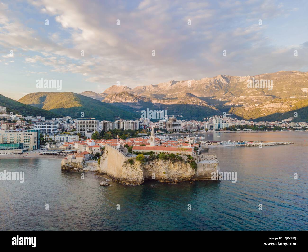 Old town in Budva in a beautiful summer day, Montenegro. Aerial image ...