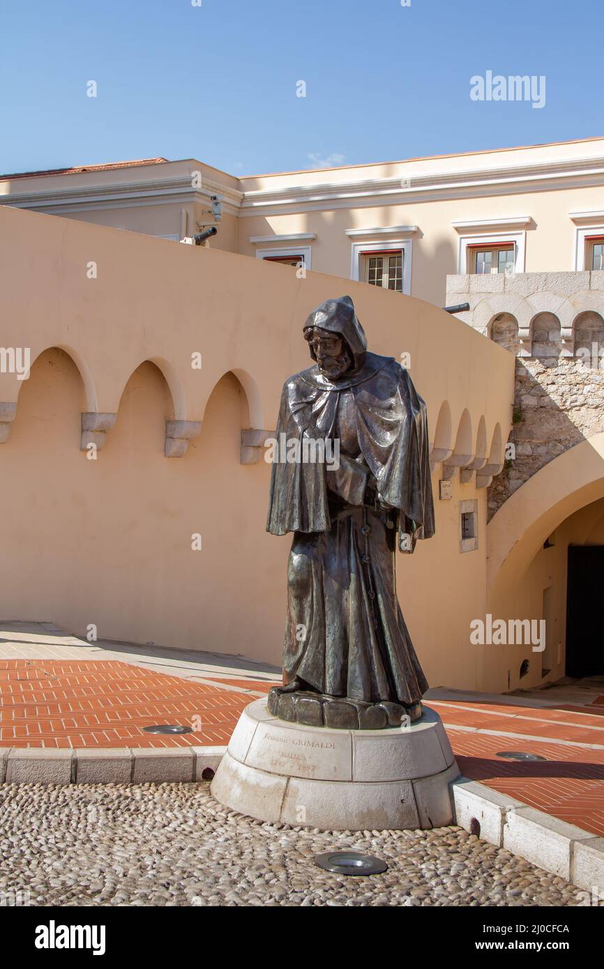 Statue of Francois Grimaldi as a monk in front of the Princes Palace of ...