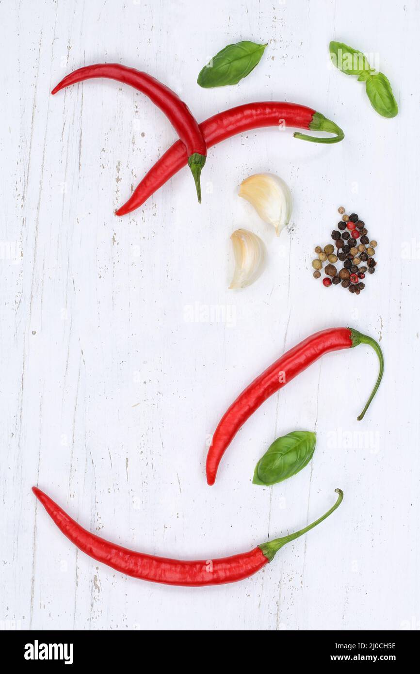 Red hot peppers pepper cook ingredients portrait background from top ...