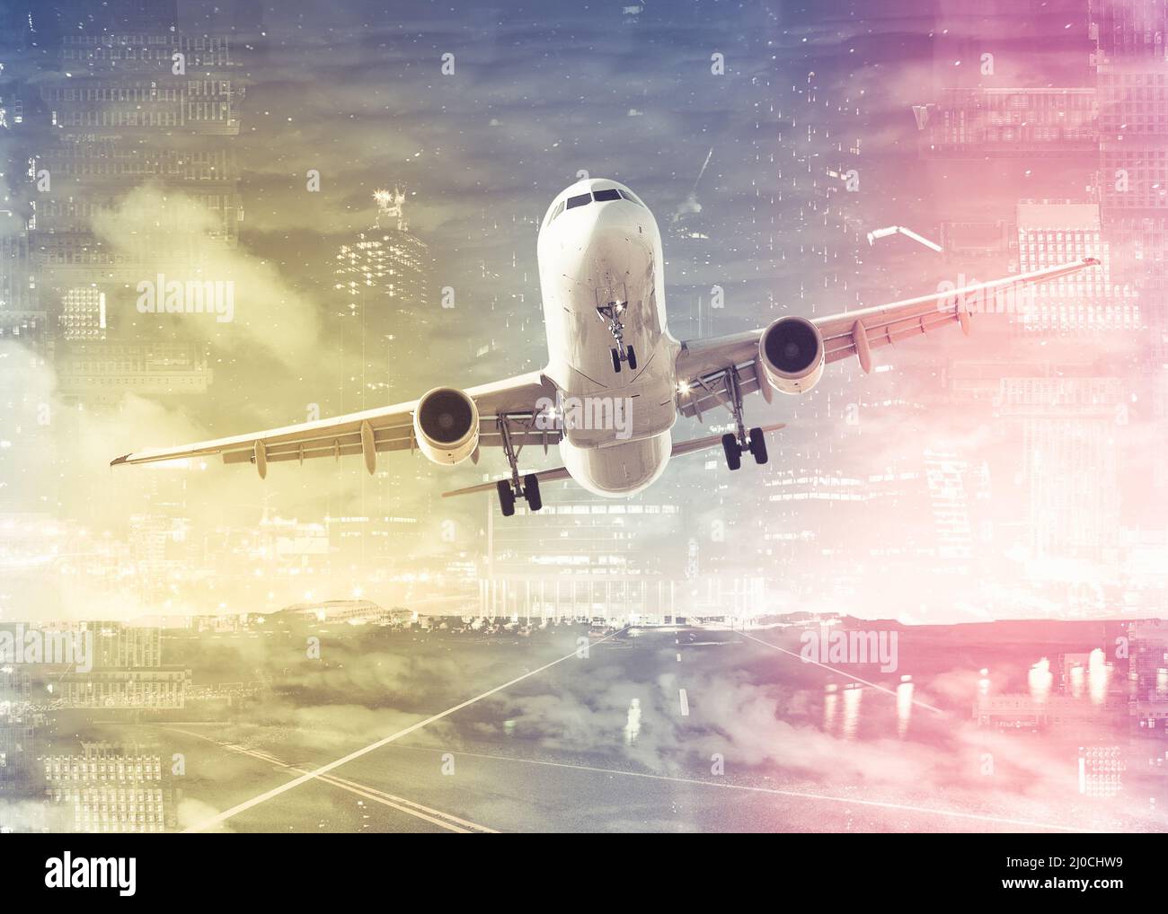 Plane on city background Stock Photo - Alamy