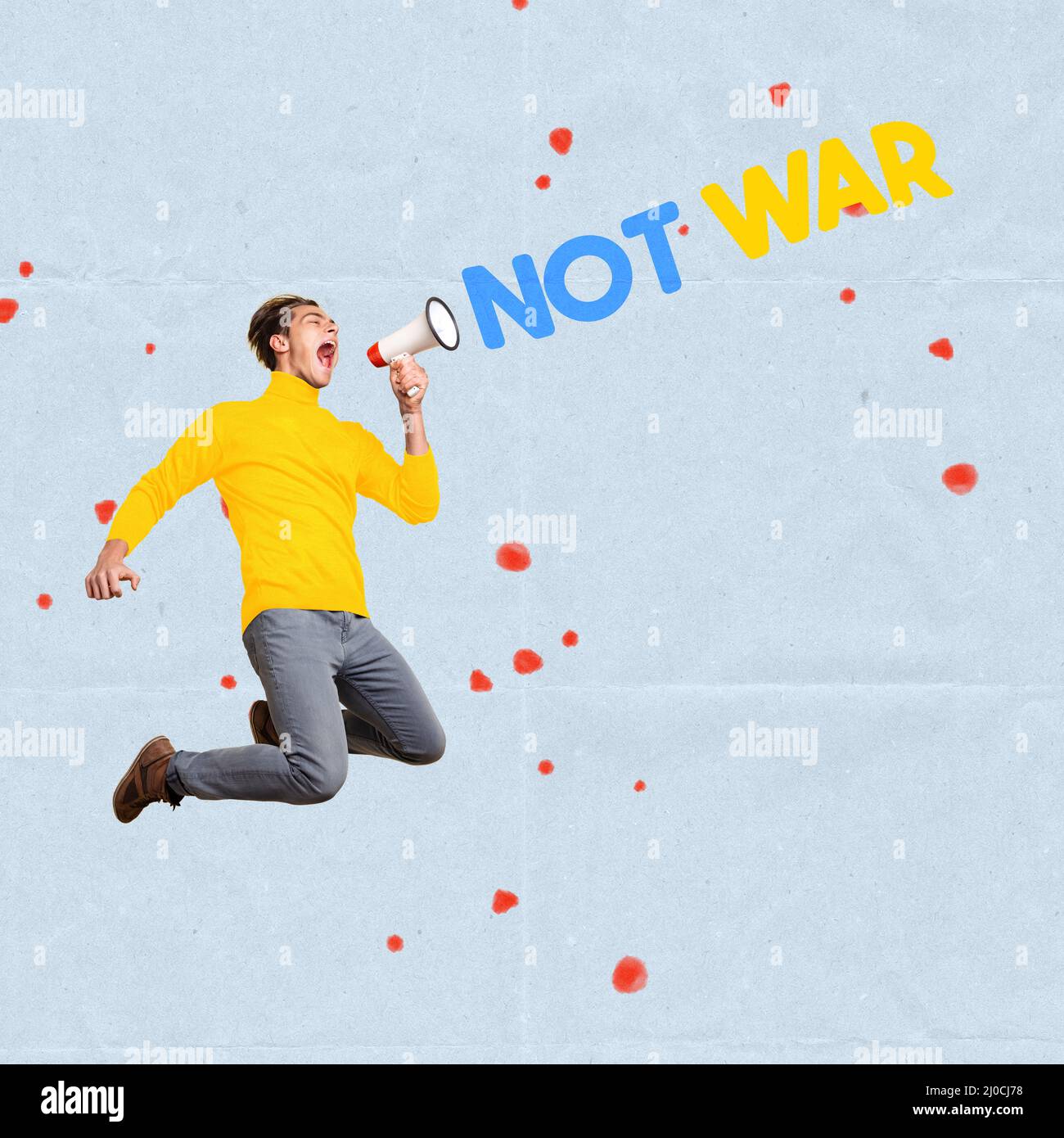 Conceptual image with young man, student shouting No war in megaphone ...
