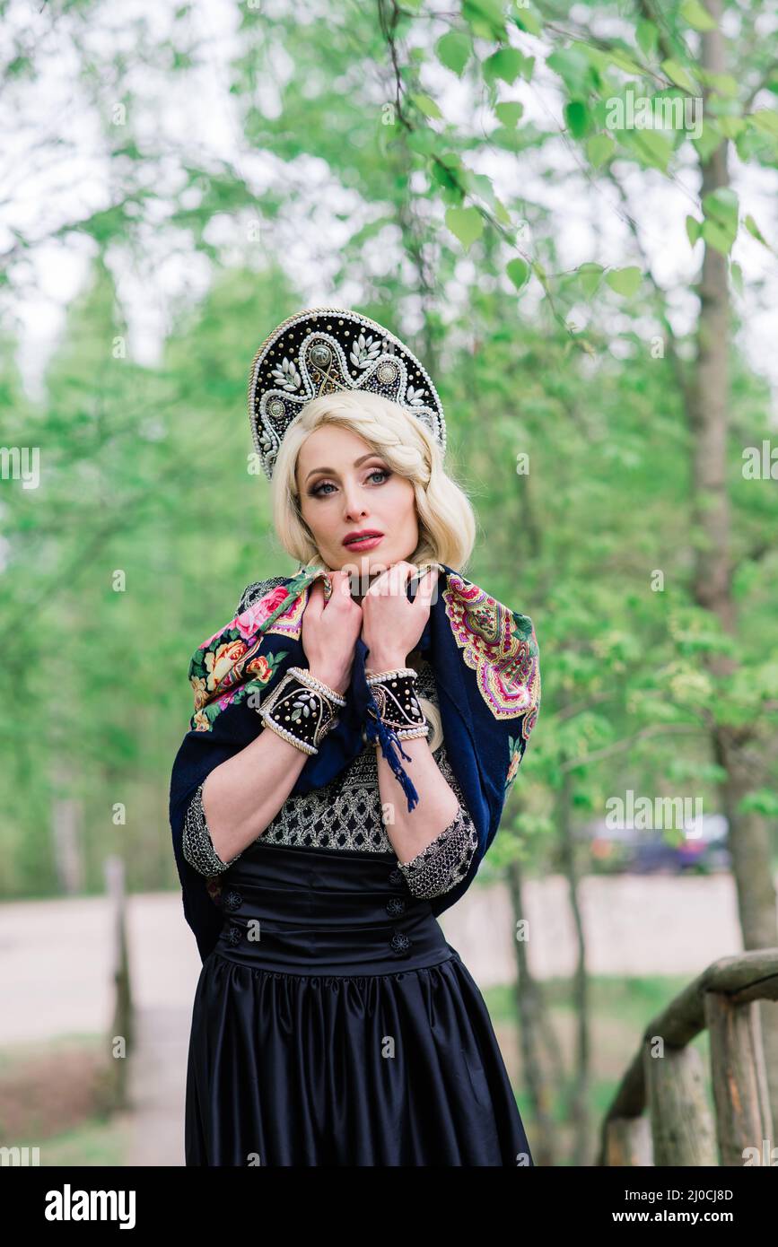 Young female of Slavic appearance with crown, kokoshnik on the ...