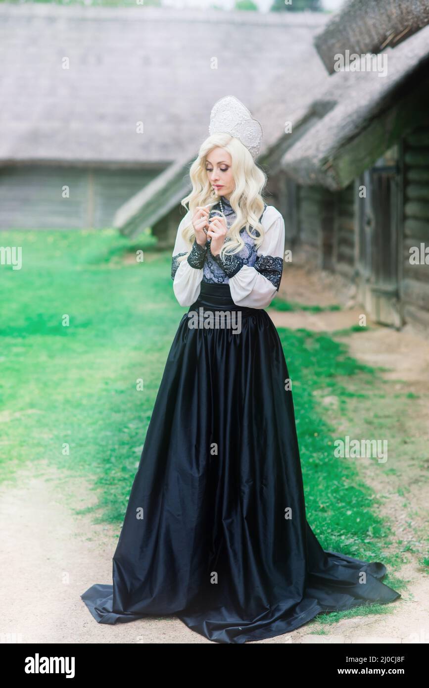 Young female of Slavic appearance with crown, kokoshnik on the ...