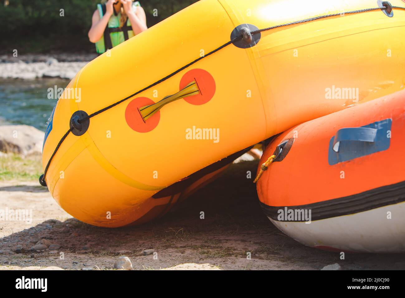 inflatable raft extreme sport at mountain river summertime copy space ...