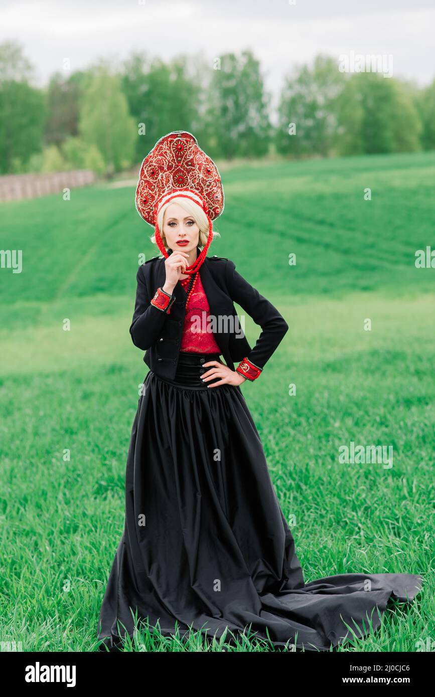 Young female of Slavic appearance with crown, kokoshnik on the ...