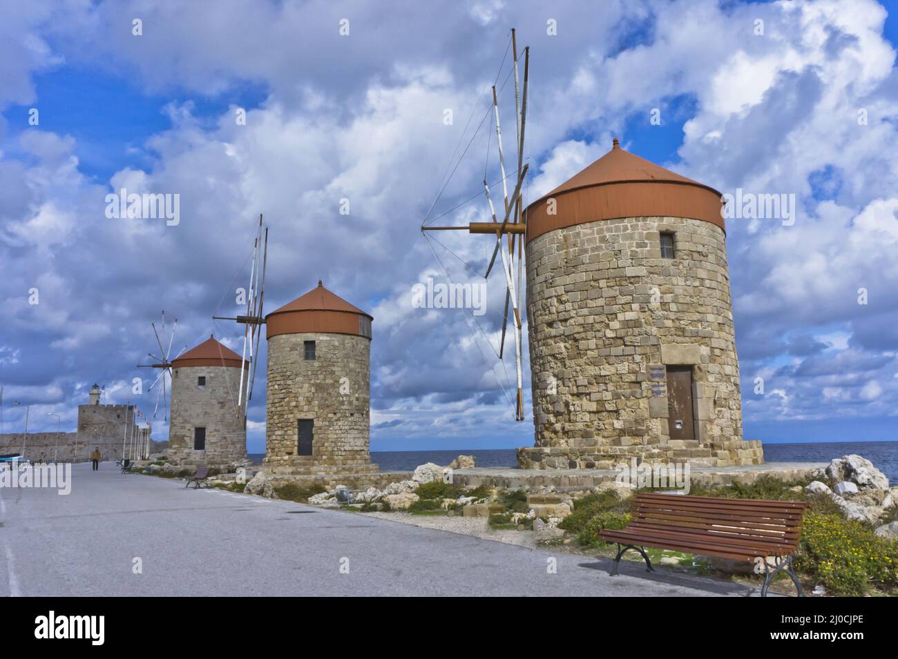 Rhodes Port Windmills, Greece Stock Photo - Alamy
