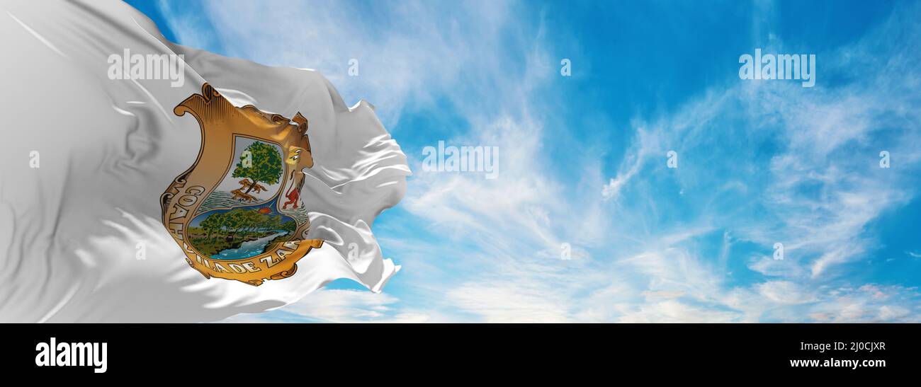 flag of Coahuila , Mexico at cloudy sky background on sunset, panoramic ...