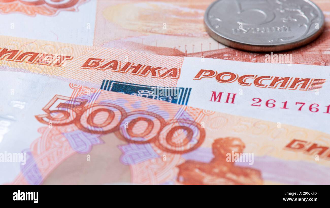 Cash of the Russian Federation. Detail of Russian banknotes and coins ...