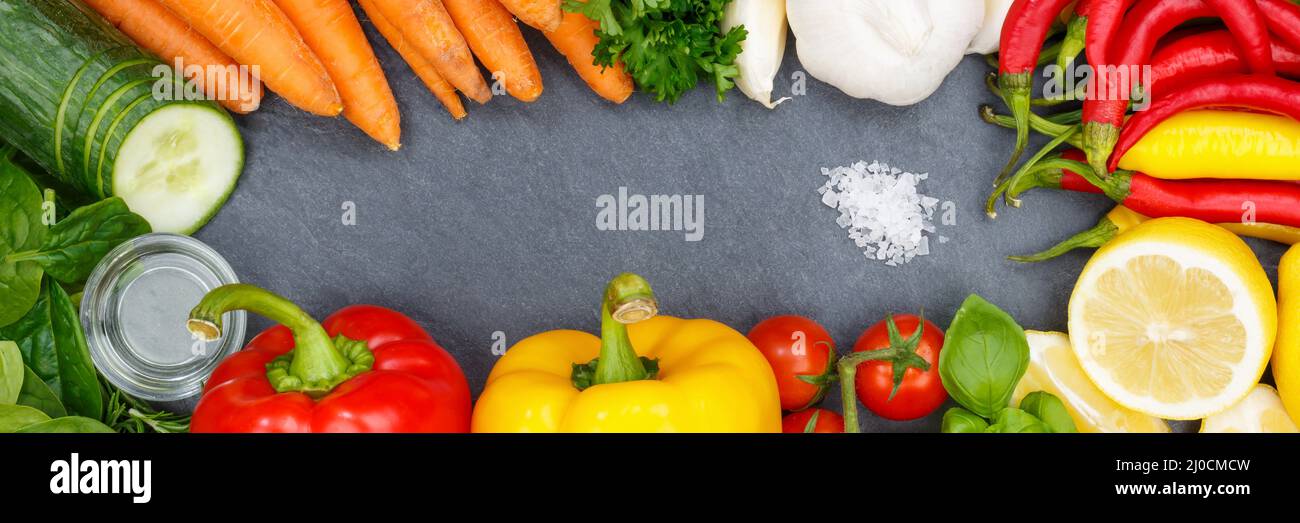 Vegetable collection tomatoes carrots peppers cooking slate banner ...