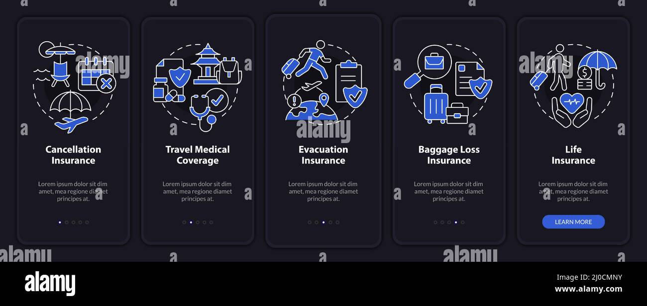Types of travel insurance night mode onboarding mobile app screen Stock ...