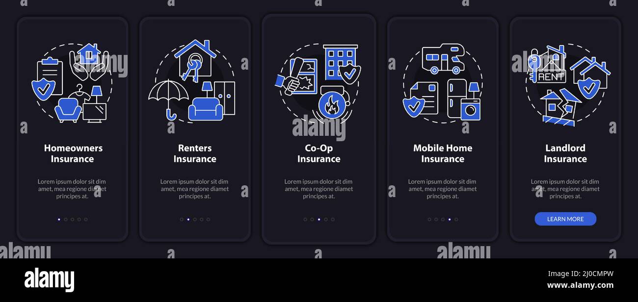 Types of property insurance night mode onboarding mobile app screen ...