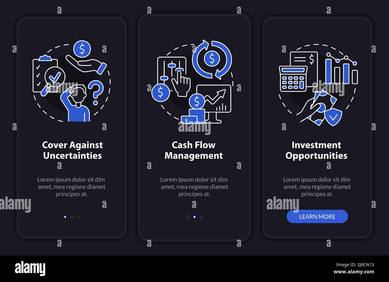 Benefits of insurance service night mode onboarding mobile app screen ...