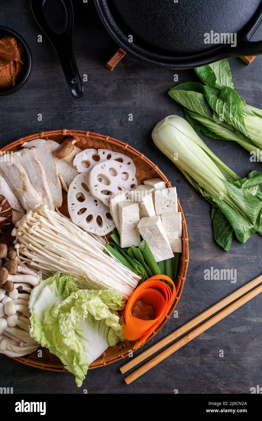 Miso Hot Pot, vegan miso nabe ingredients Stock Photo - Alamy