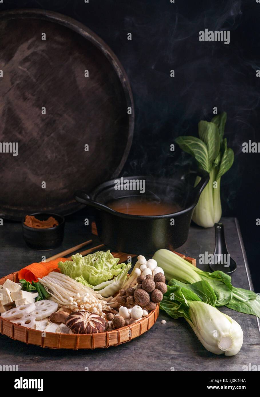 Miso Hot Pot, vegan miso nabe ingredients Stock Photo - Alamy