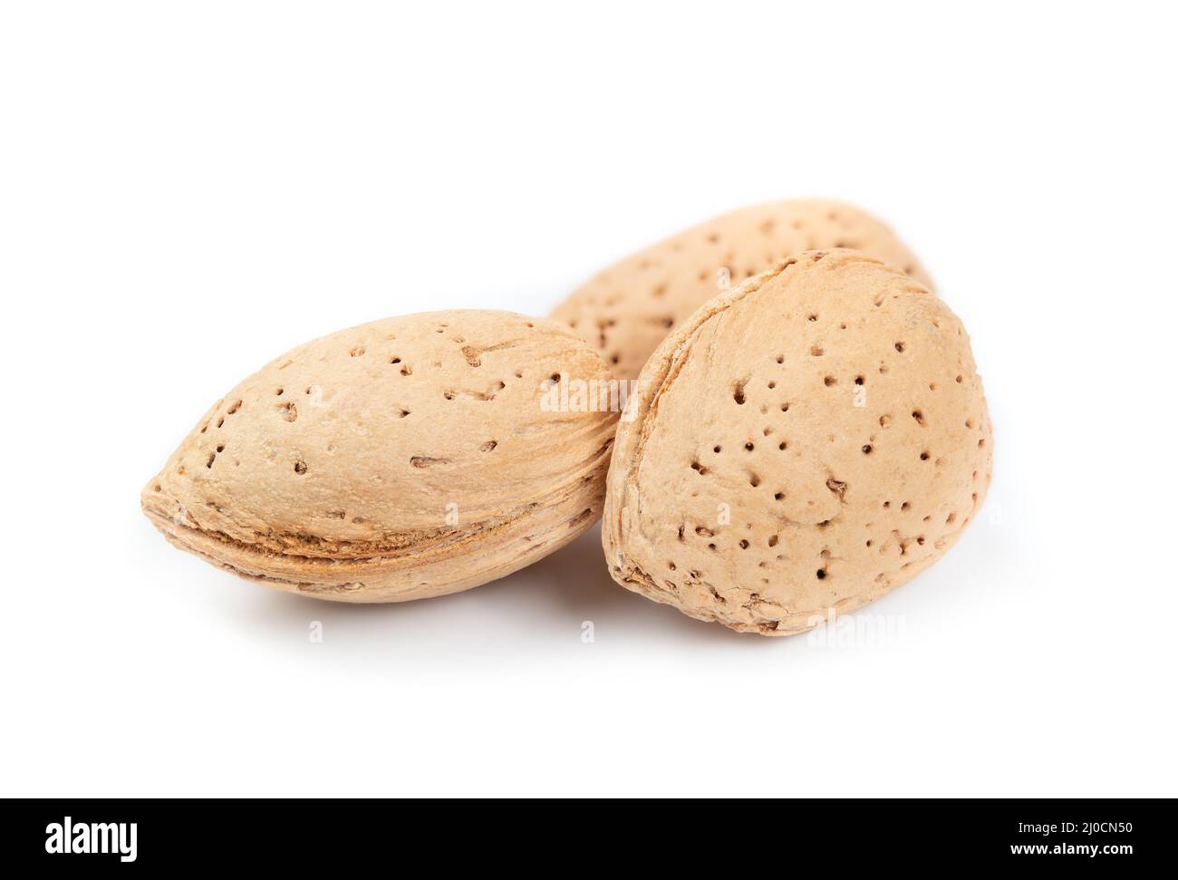 Isolated shelled almonds, close up. Group of almond nuts in yellow oval ...