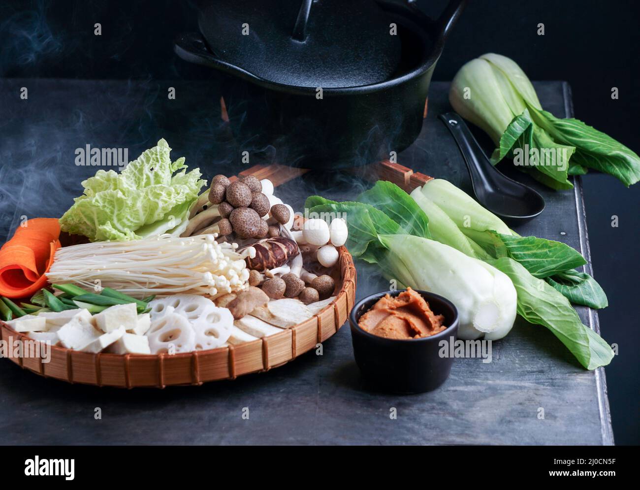 Miso Hot Pot, vegan miso nabe ingredients Stock Photo - Alamy