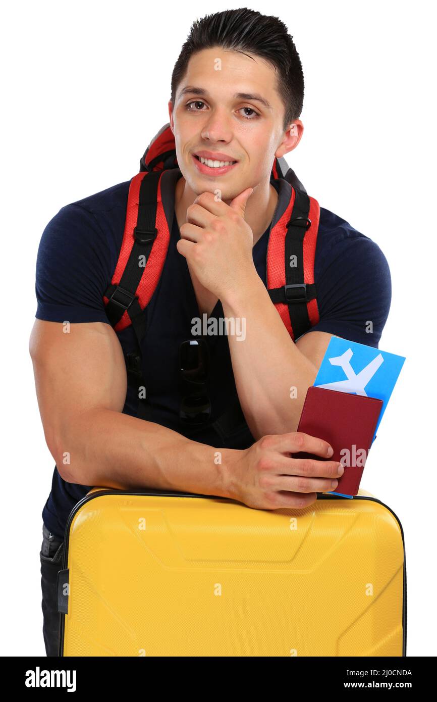 Young man ticket airplane ticket travel suitcase travel vacation flying ...