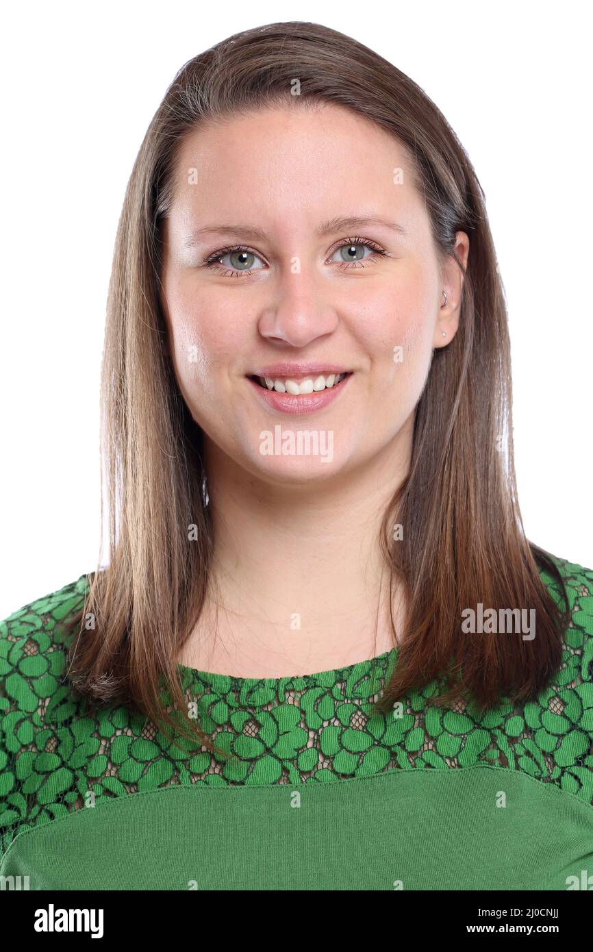 Portrait portrait young woman face young laugh crop isolated Stock ...