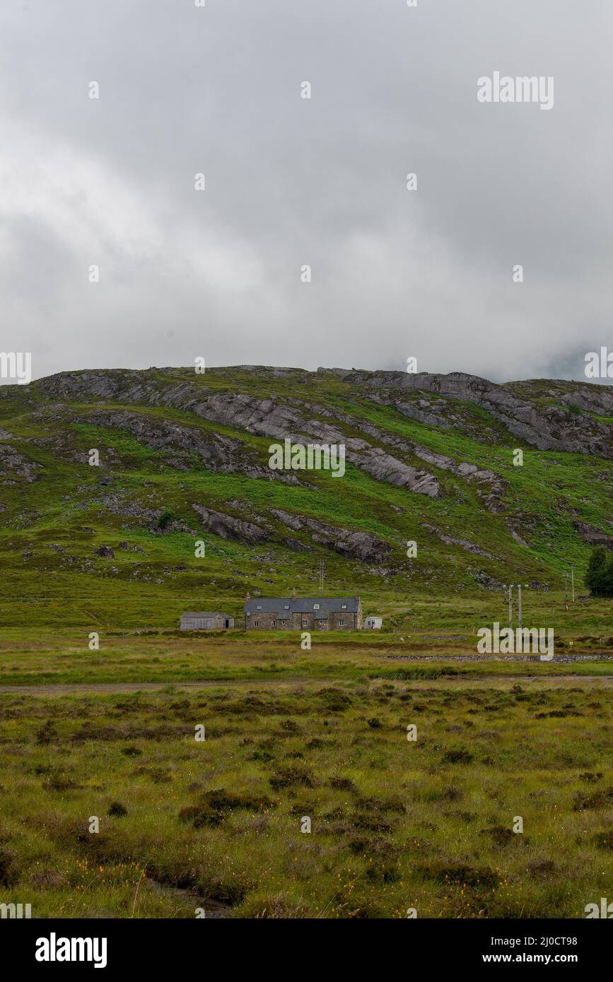 A vertical shot of greenery fields with huts in background of mountains ...