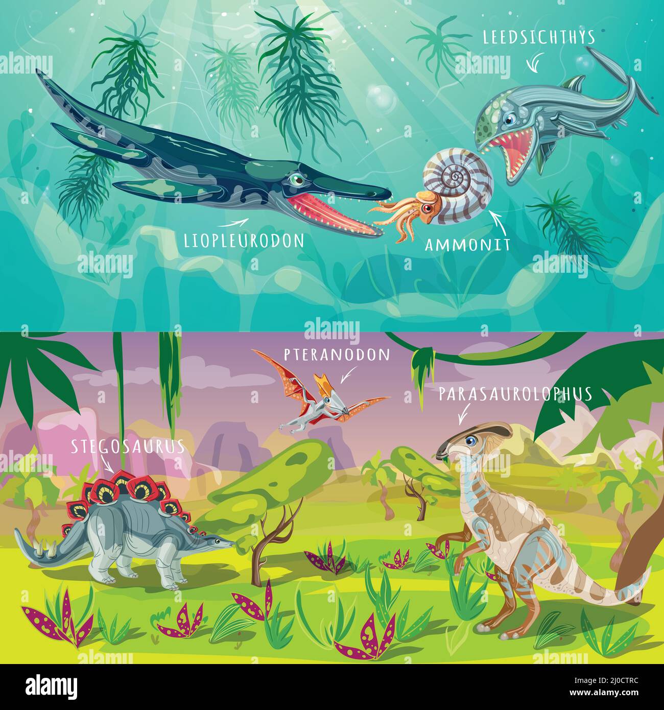 Beasts jurassic horizontal banners with underwater life and dinosaurs ...