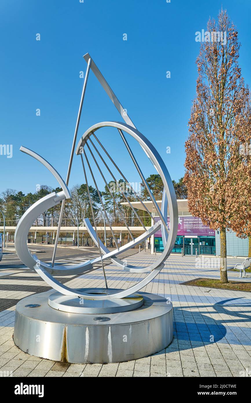 Modern steel sculpture outside the EMR rail station at Corby, England ...