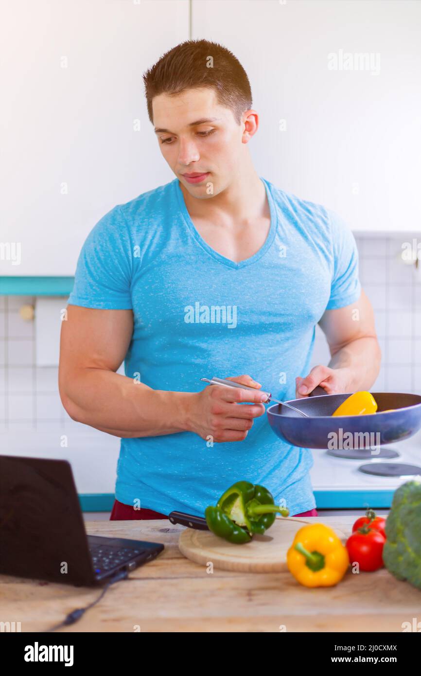 Cooking man food vegetable recipe computer portrait healthy diet Stock ...