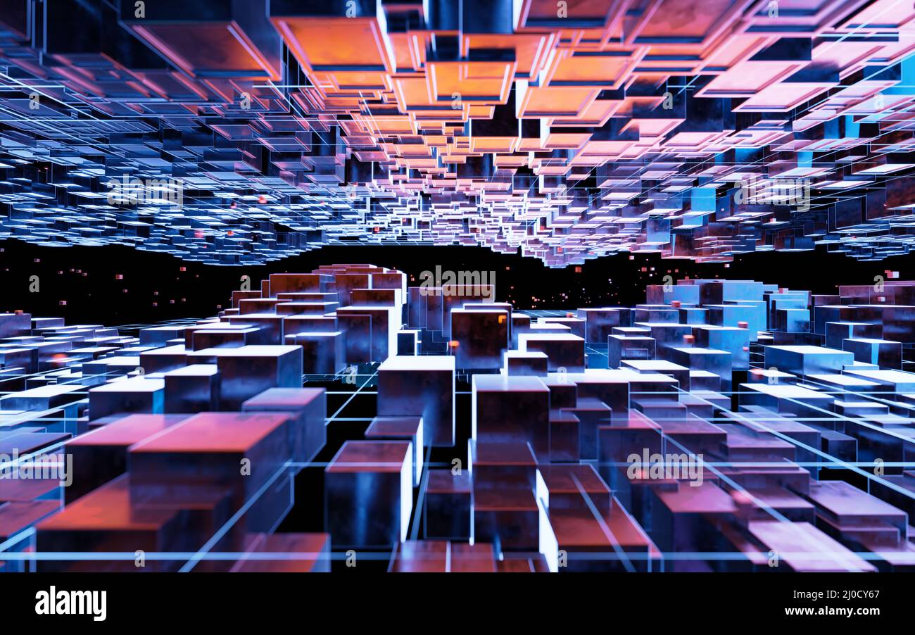 Cubic cyberpunk space, conceptual geometry background, 3d rendering ...