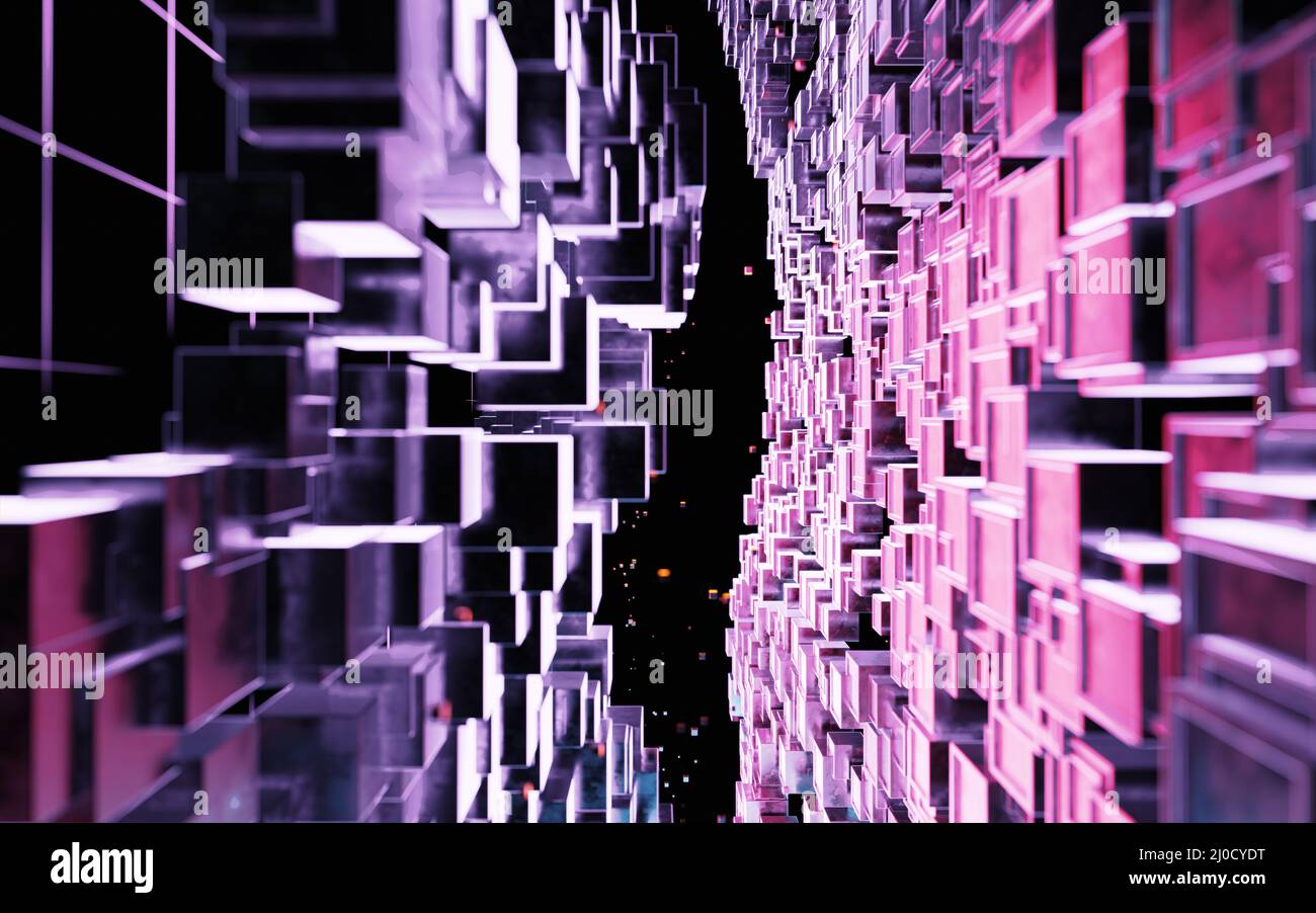 Cubic cyberpunk space, conceptual geometry background, 3d rendering. Computer digital drawing ...