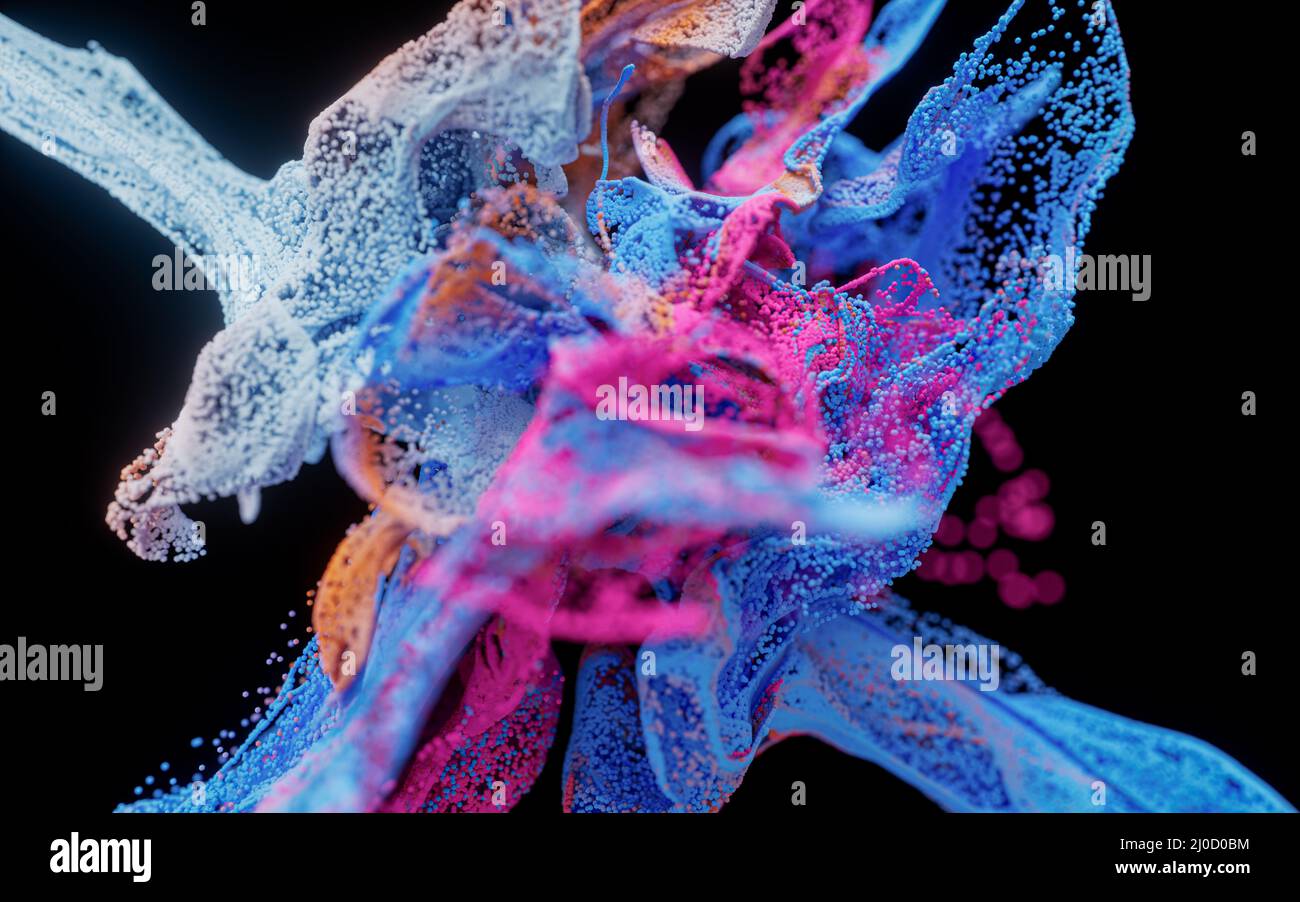 Collision of particles, decorative particles, 3d rendering. Computer ...