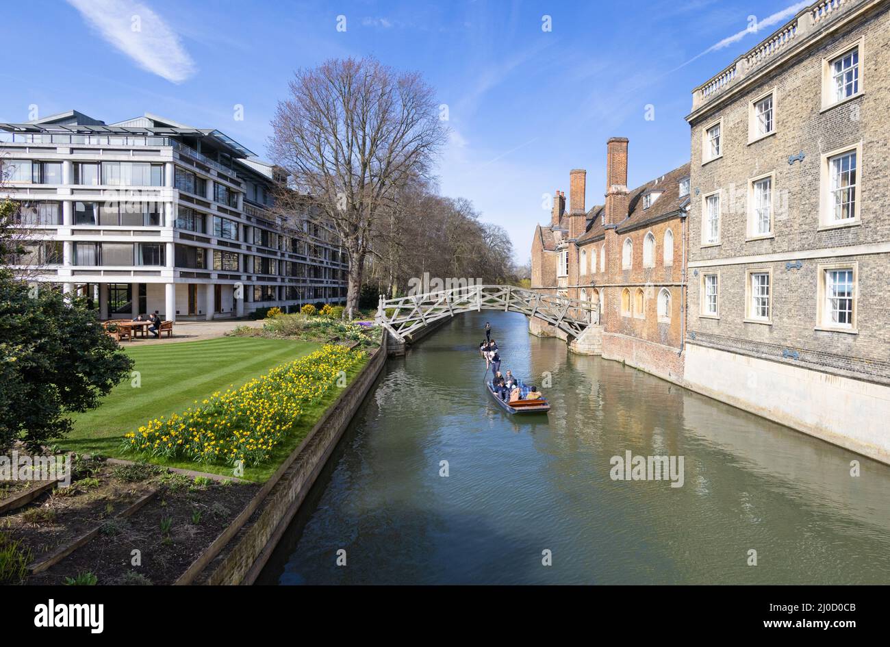 Cambridge UK spring; Punting on the river Cam and Queens College ...