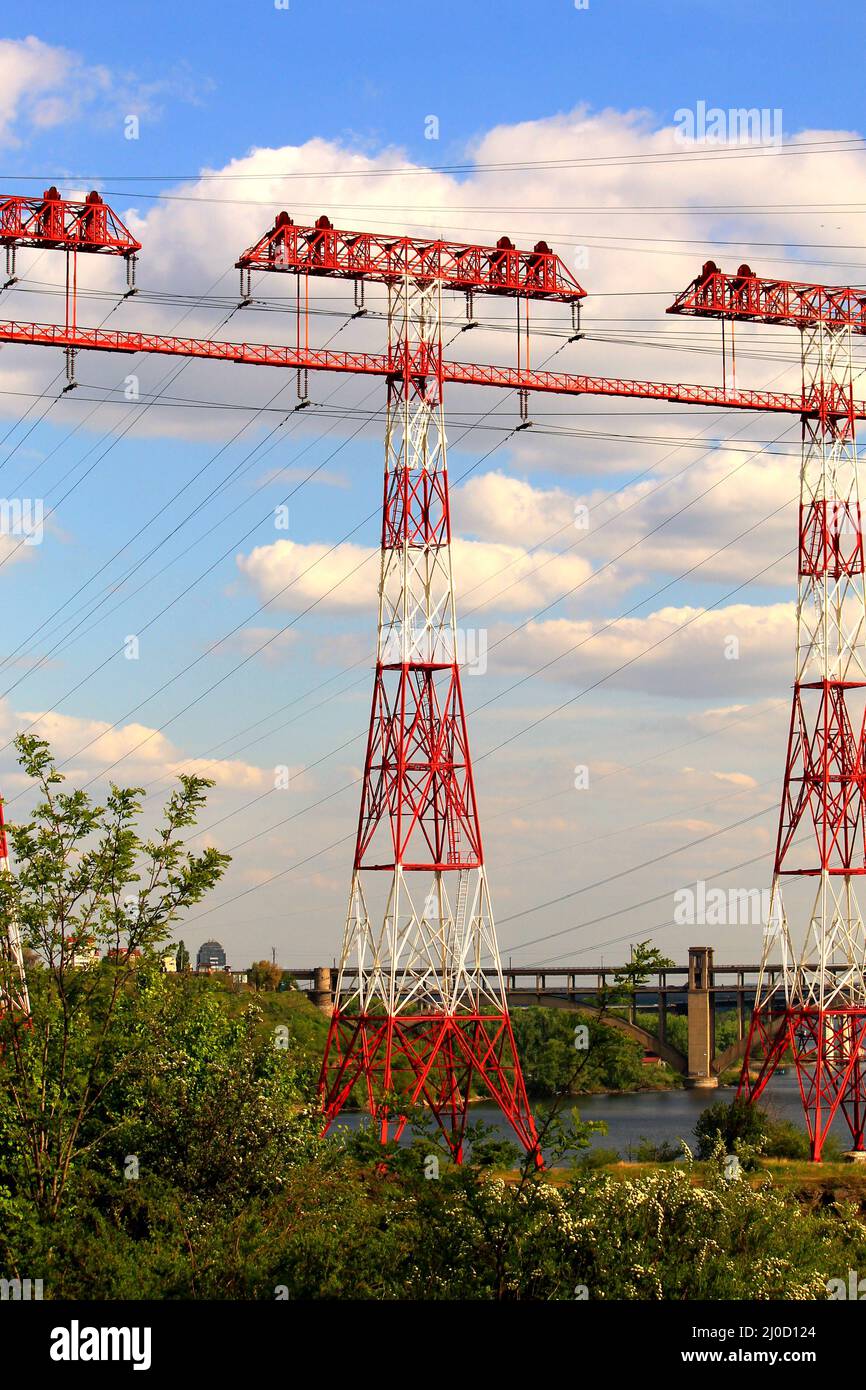The mast of high-voltage power line goes from Dnieper hydroelectric ...