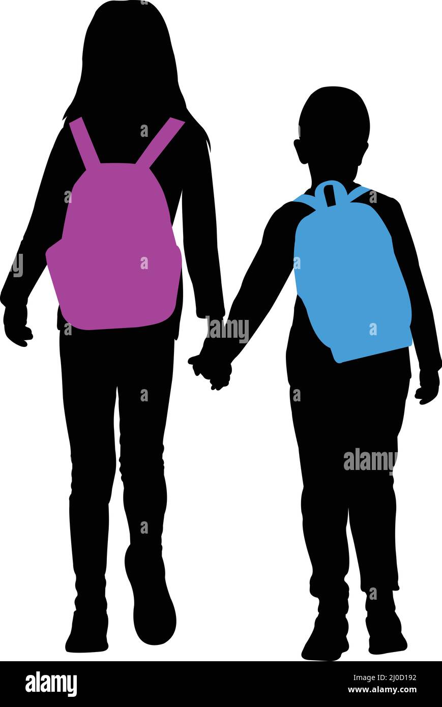 School kids with backpacks holding hands silhouette - vector Stock ...