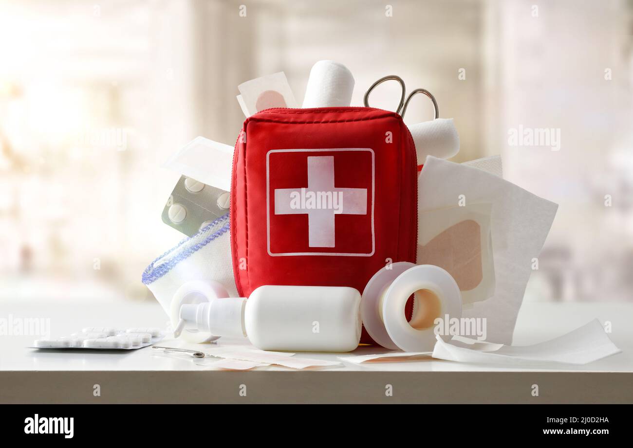 Medicine cabinet of a medical center full of medical objects and tools ...
