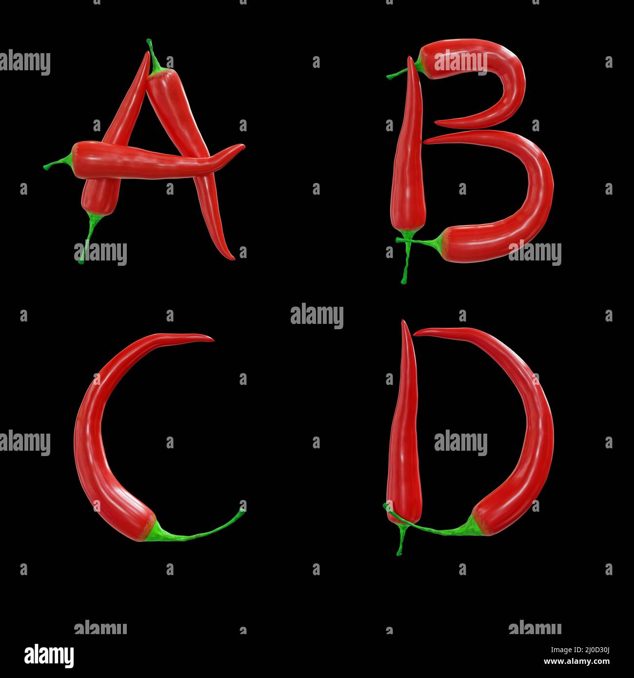 3D rendering of red chilli pepper capital letters alphabet - letters A ...