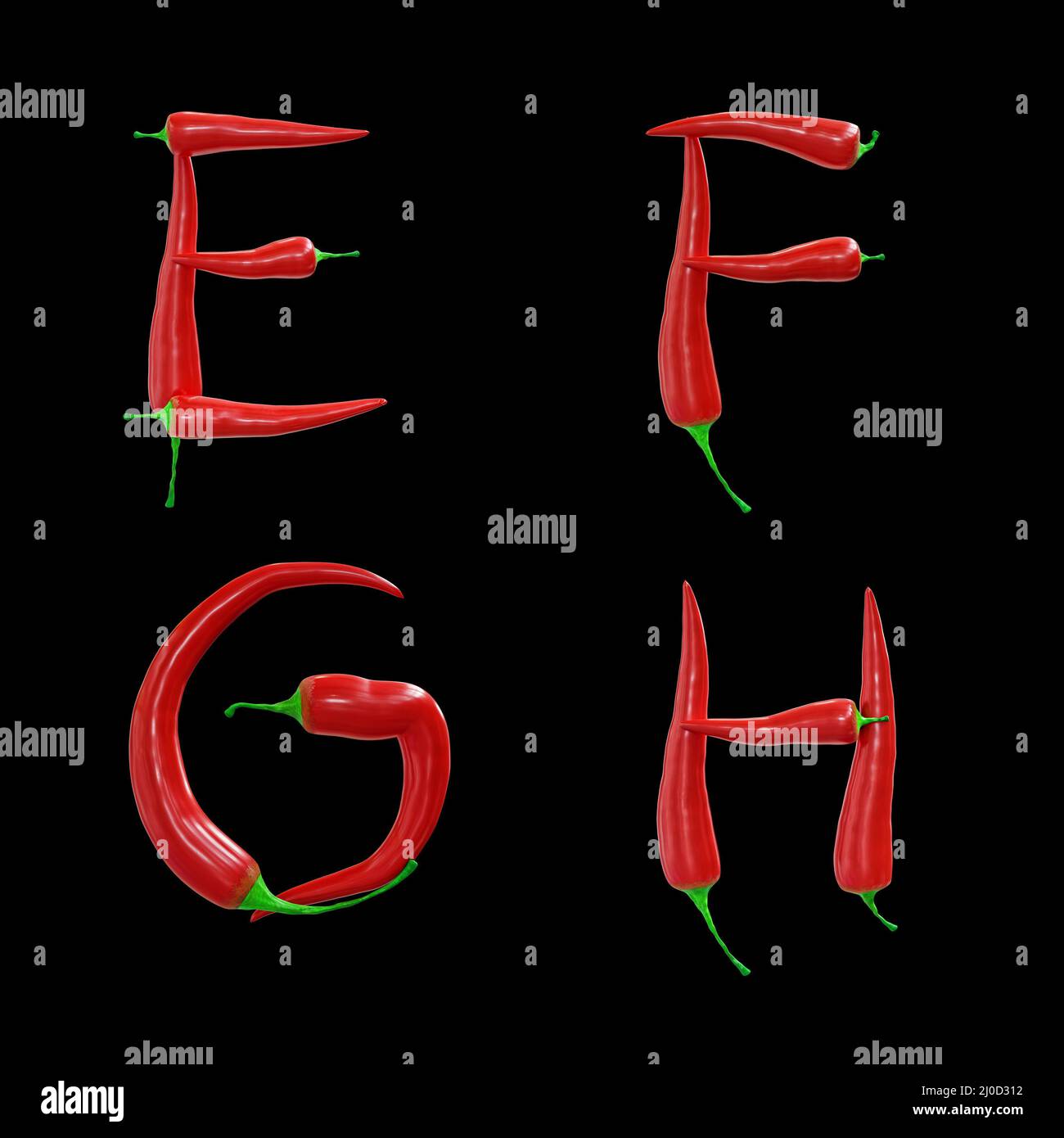 3D rendering of red chilli pepper capital letters alphabet - letters E ...