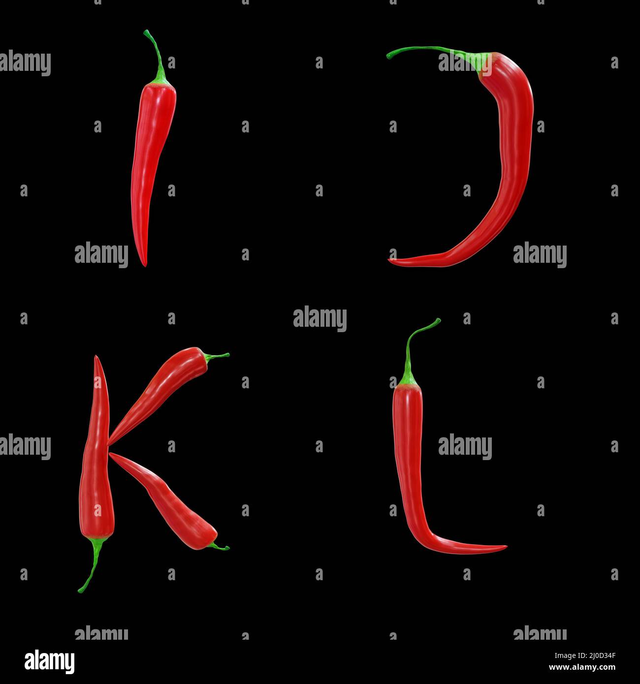3D rendering of red chilli pepper capital letters alphabet - letters I ...