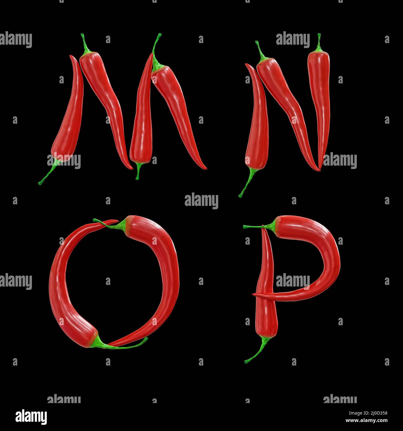 3D rendering of red chilli pepper capital letters alphabet - letters M ...