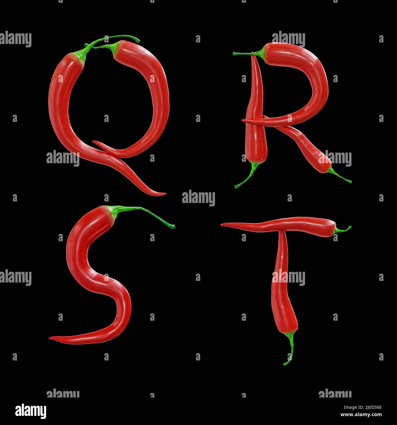 3D rendering of red chilli pepper capital letters alphabet - letters Q ...
