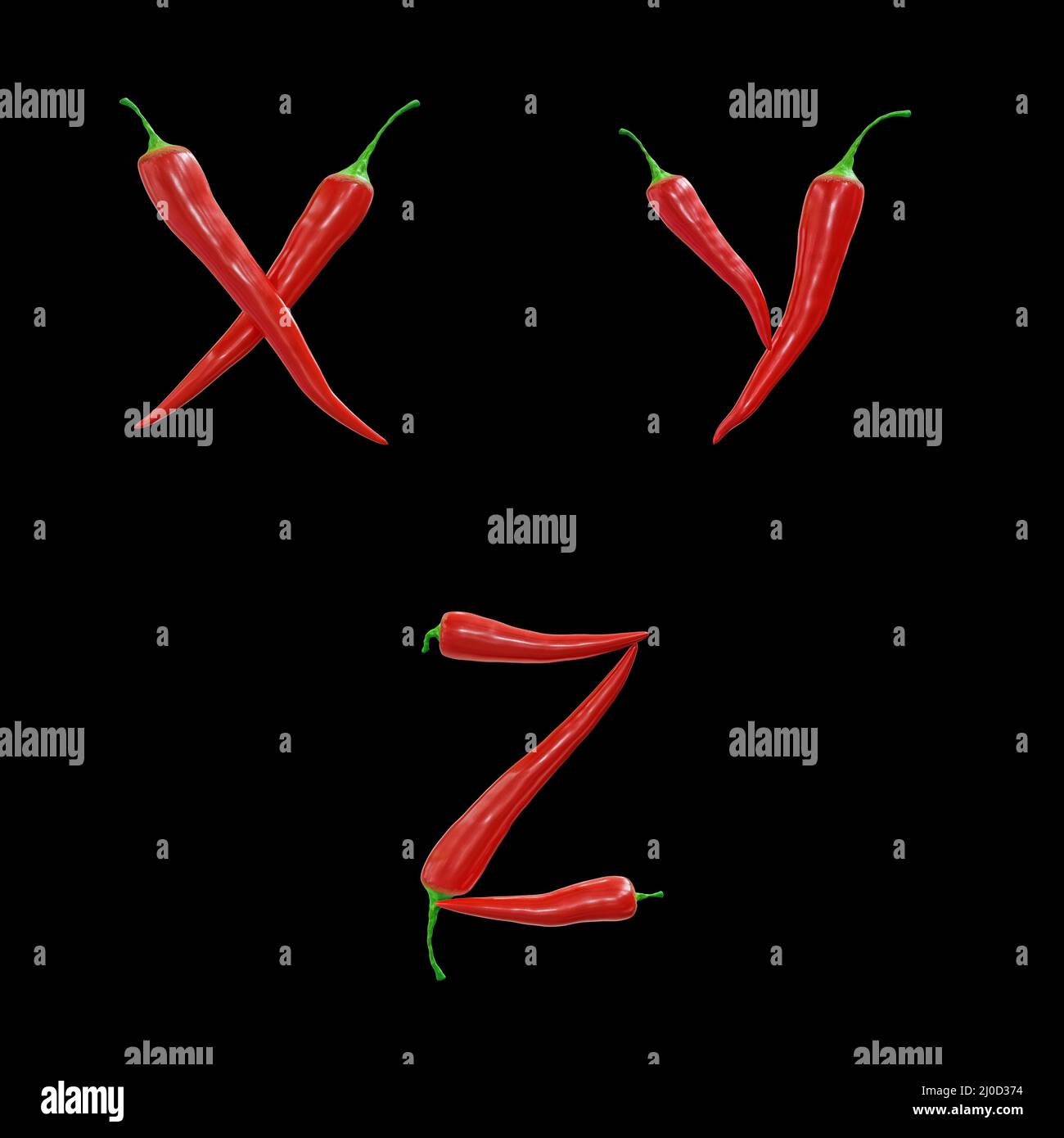 3D rendering of red chilli pepper capital letters alphabet - letters X ...