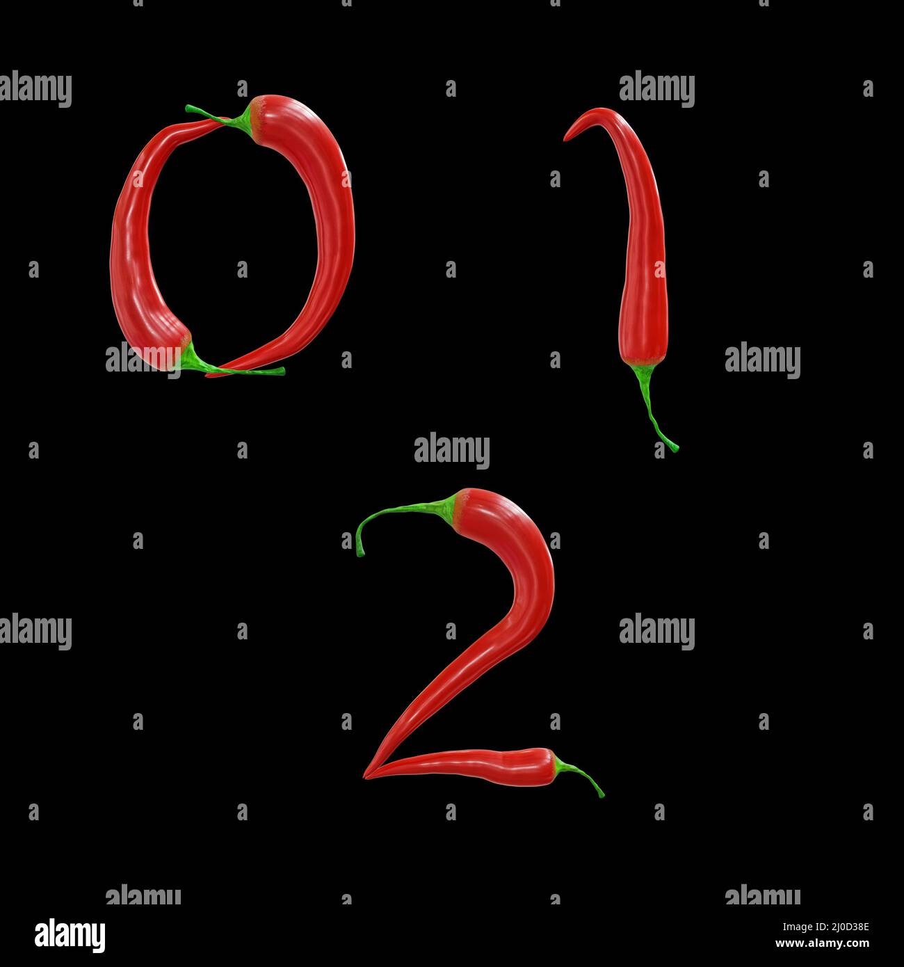 3d rendering of red chilli pepper capital letters alphabet - digits 0-2 ...