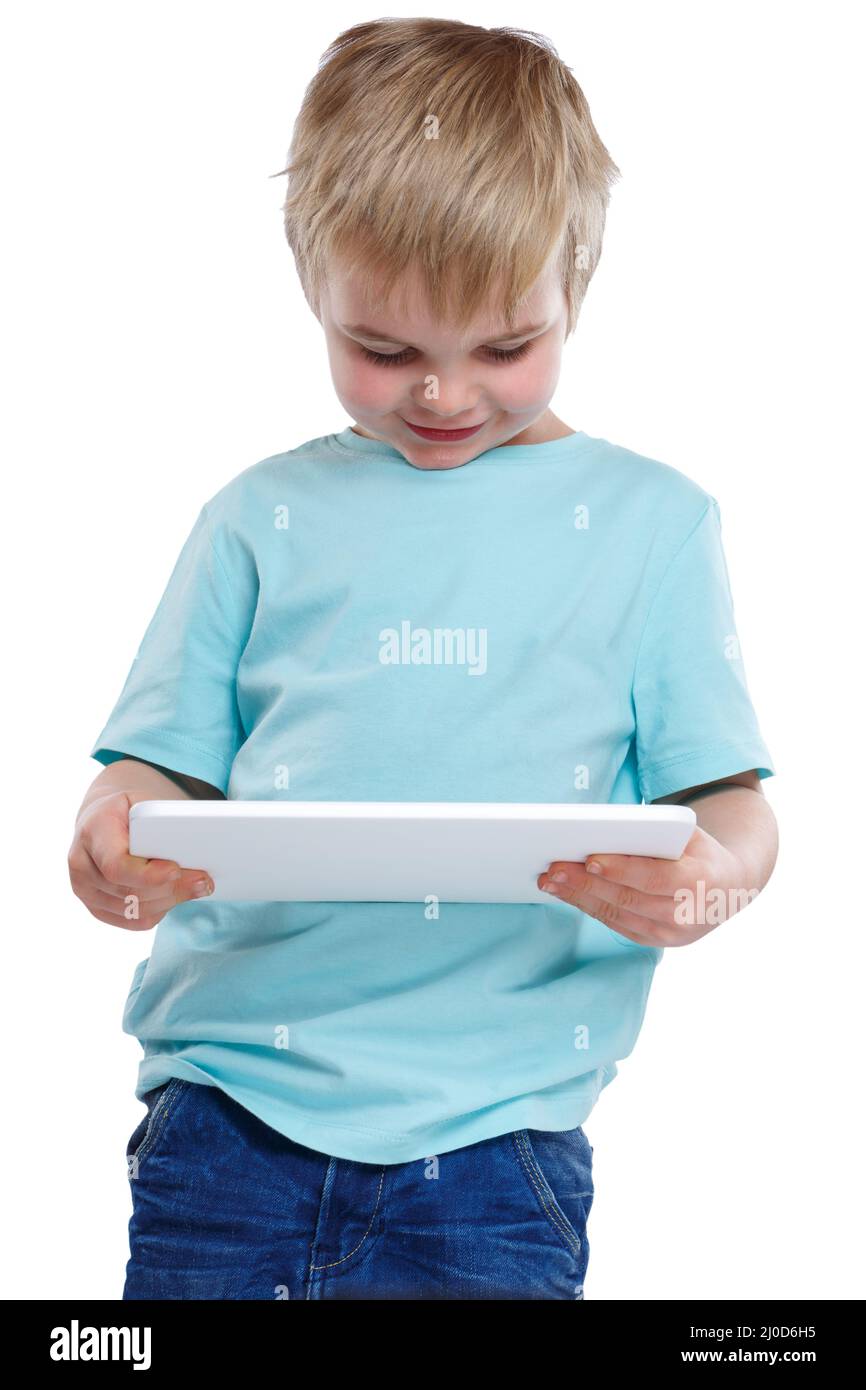 Child little boy look looks at tablet computer laugh internet Stock ...