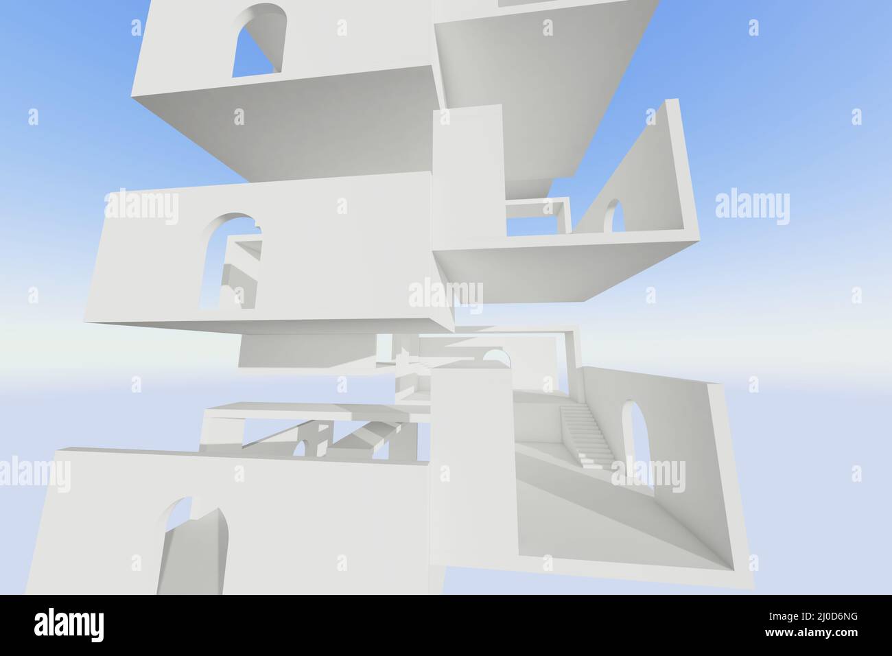 Abstract background with white tower structure under sky. Empty levels ...