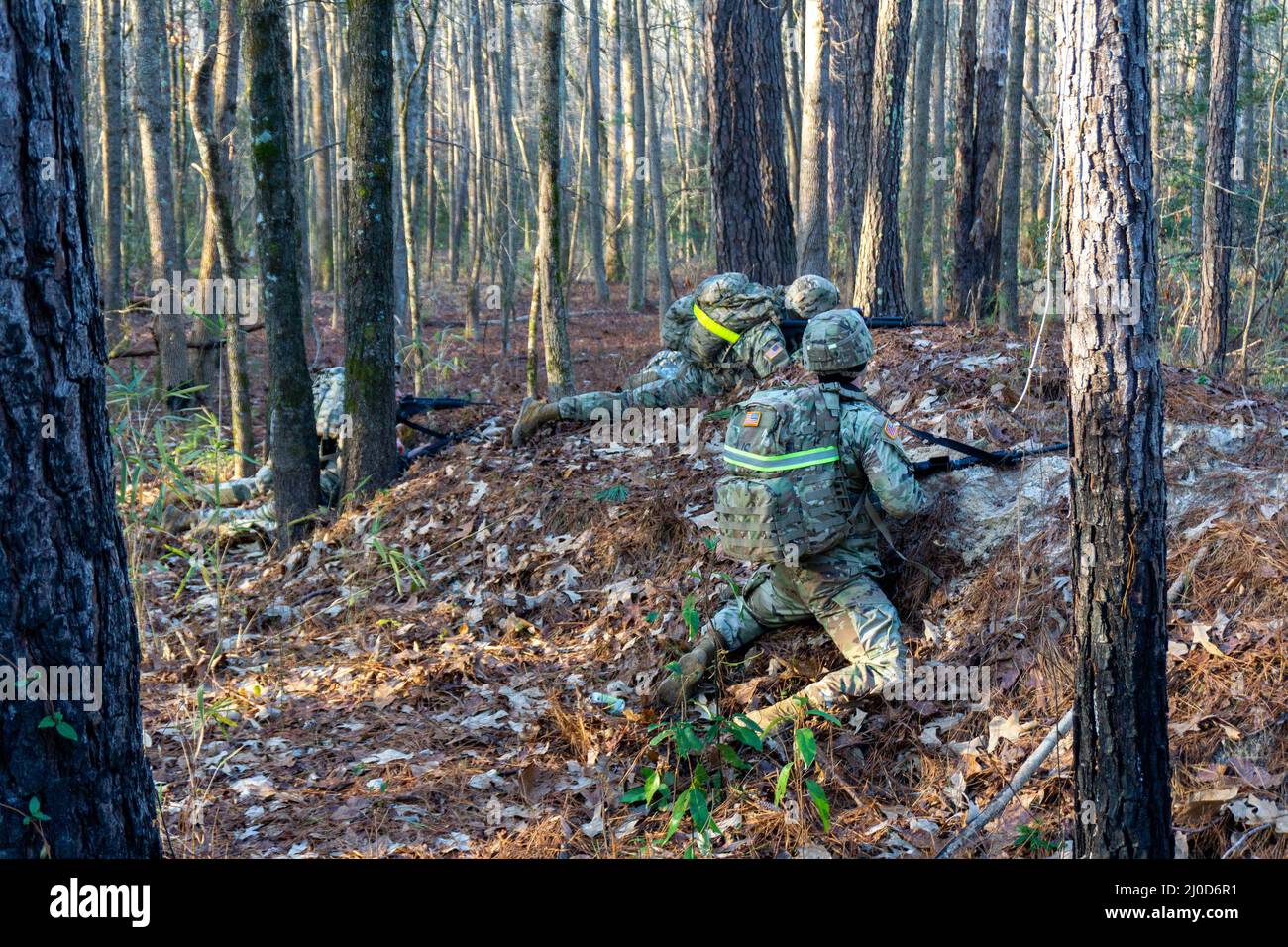 The military army during the combat training surrounded in the forest ...
