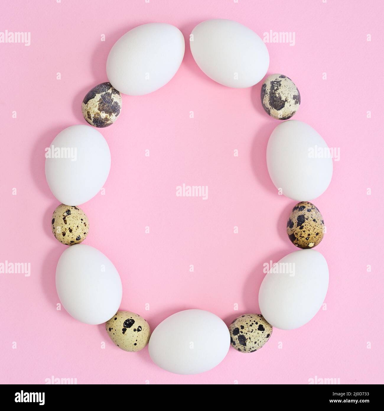 Creative copy space egg shape frame with white and quail natural eggs ...