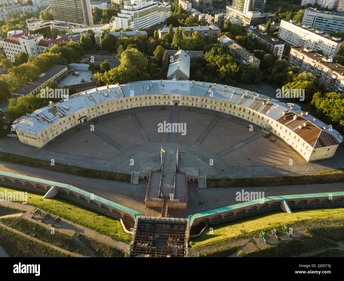 Aerial top view of the Kyiv Fortress in Ukraine and center of city Kyiv ...