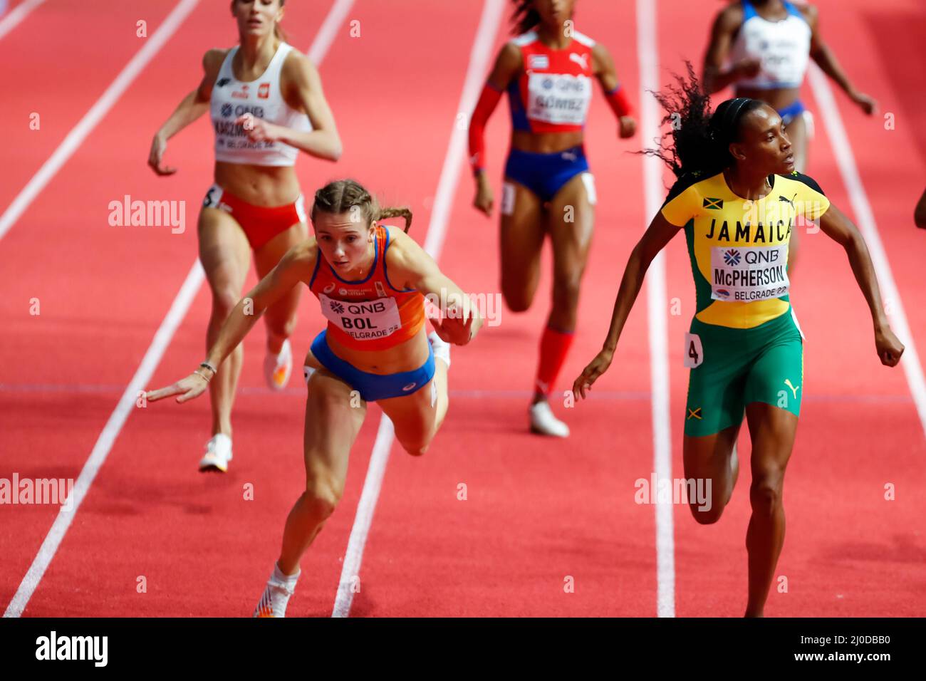 Belgrade, Serbia. 18th Mar, 2022. Femke Bol of the Netherlands falls while competing in the ...