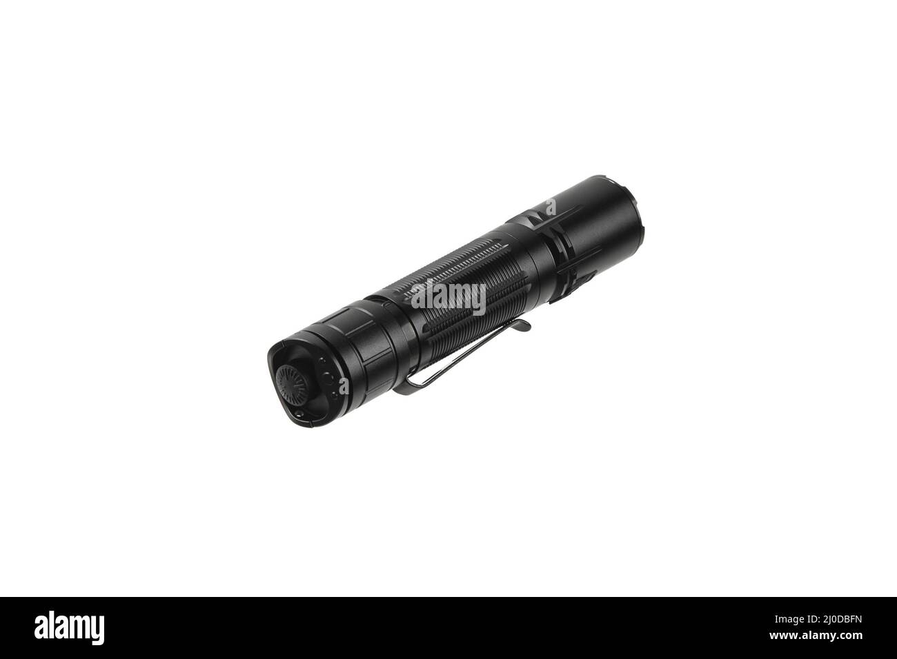 Modern metal LED flashlight in black color. Portable flashlight isolate ...