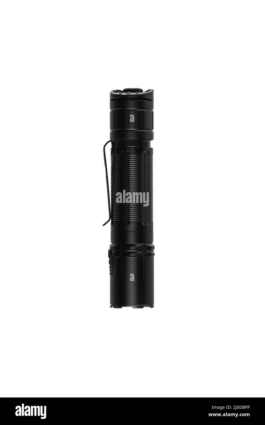 Modern metal LED flashlight in black color. Portable flashlight isolate ...